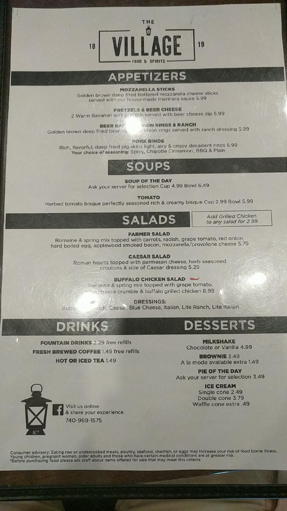 Menu at The Village Taproom restaurant, Amanda