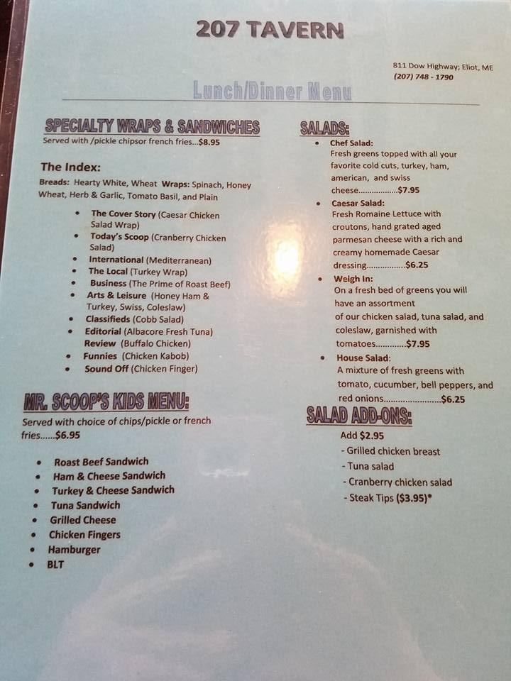 Menu at The 207 Tavern pub & bar, Eliot