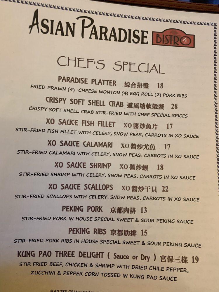 Menu at Asian Paradise restaurant, Reno