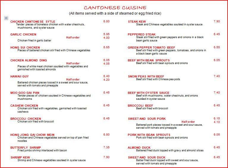 Menu at Canton Restaurant, Oklahoma City