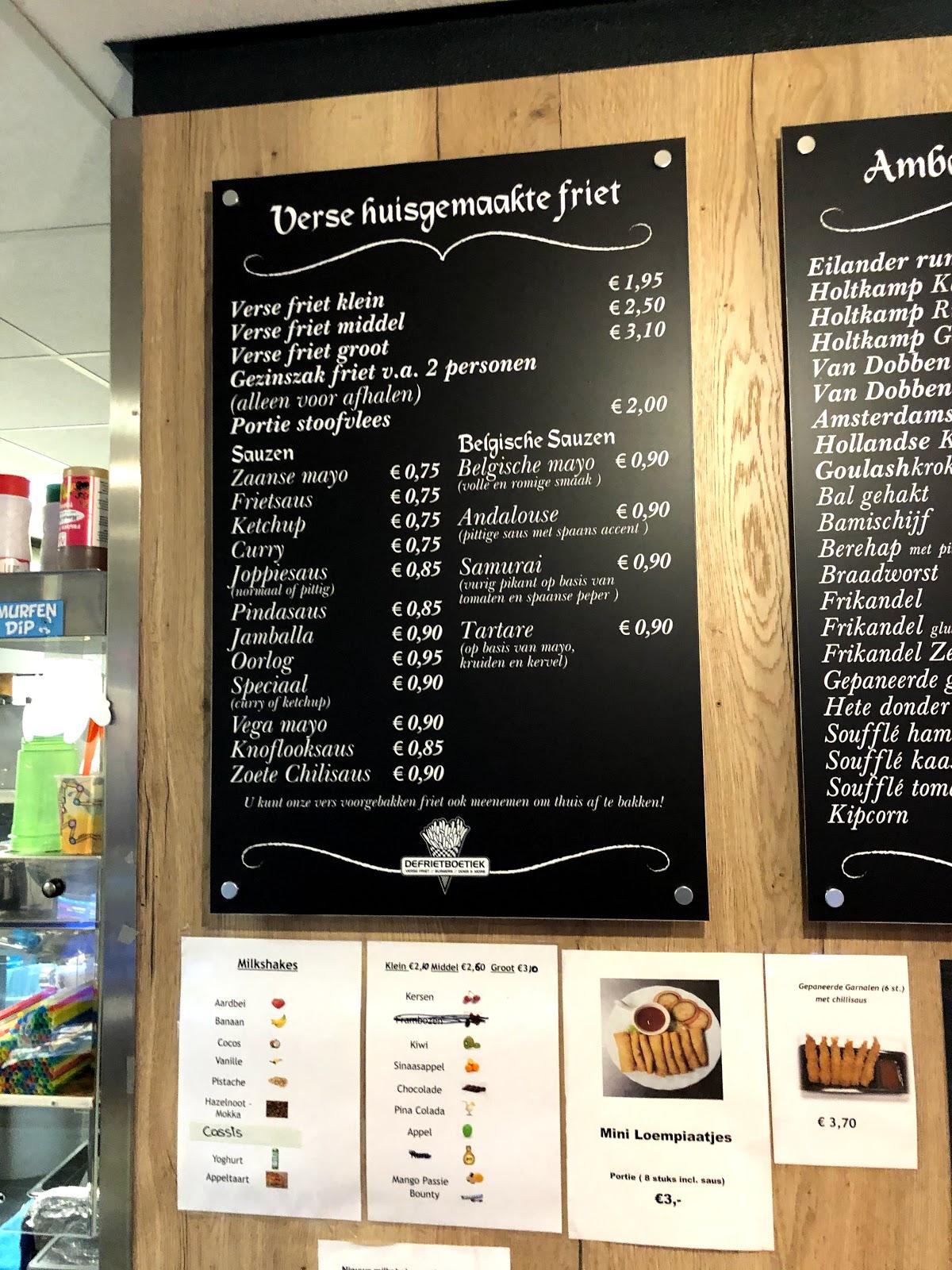 Menu at De Frietboetiek, Krommenie