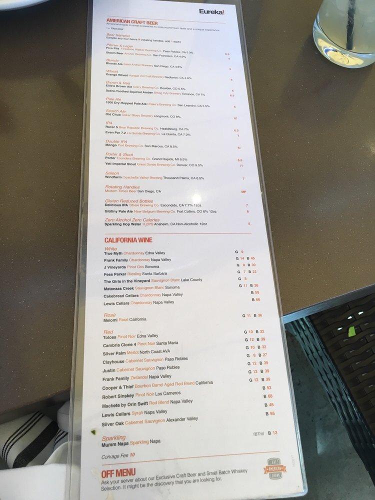 Menu at Eureka! restaurant, Indian Wells