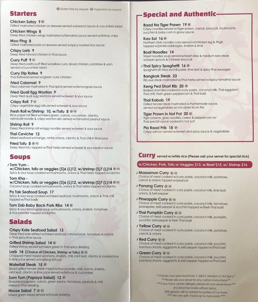 Menu at Kao Thai restaurant, Salt Lake City