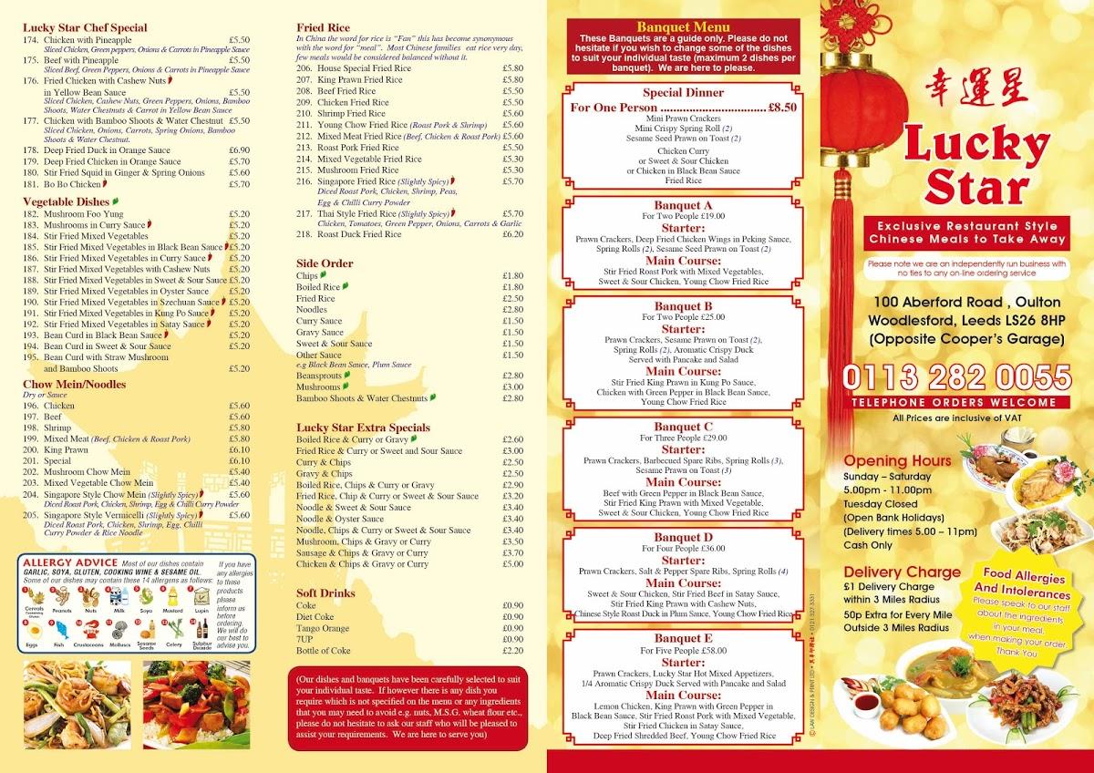 Menu at Lucky Star fast food, Leeds, 100 Aberford Rd