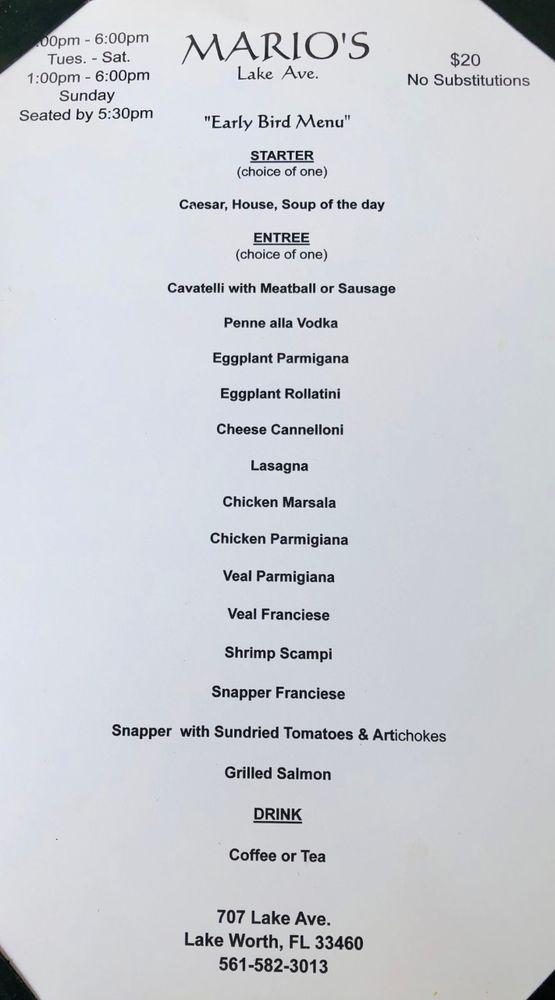 Menu at Mario’s Lake Ave pizzeria, Lake Worth