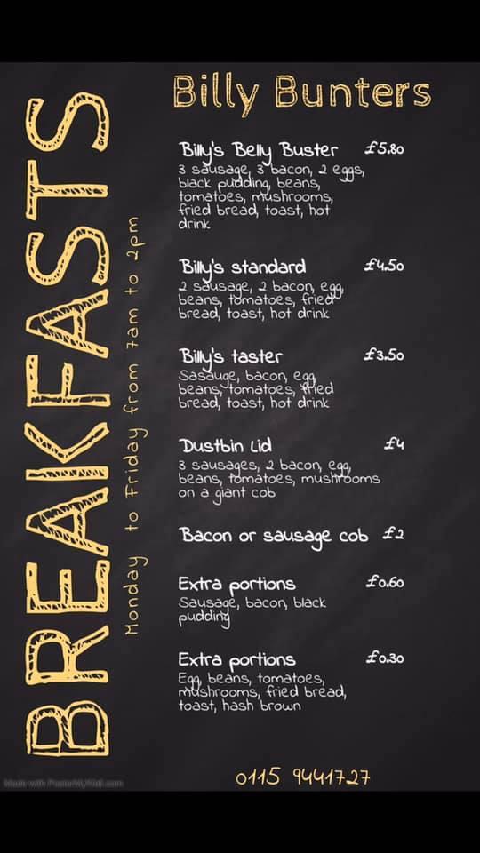 Menu at Billy Bunters Cafe, Ilkeston