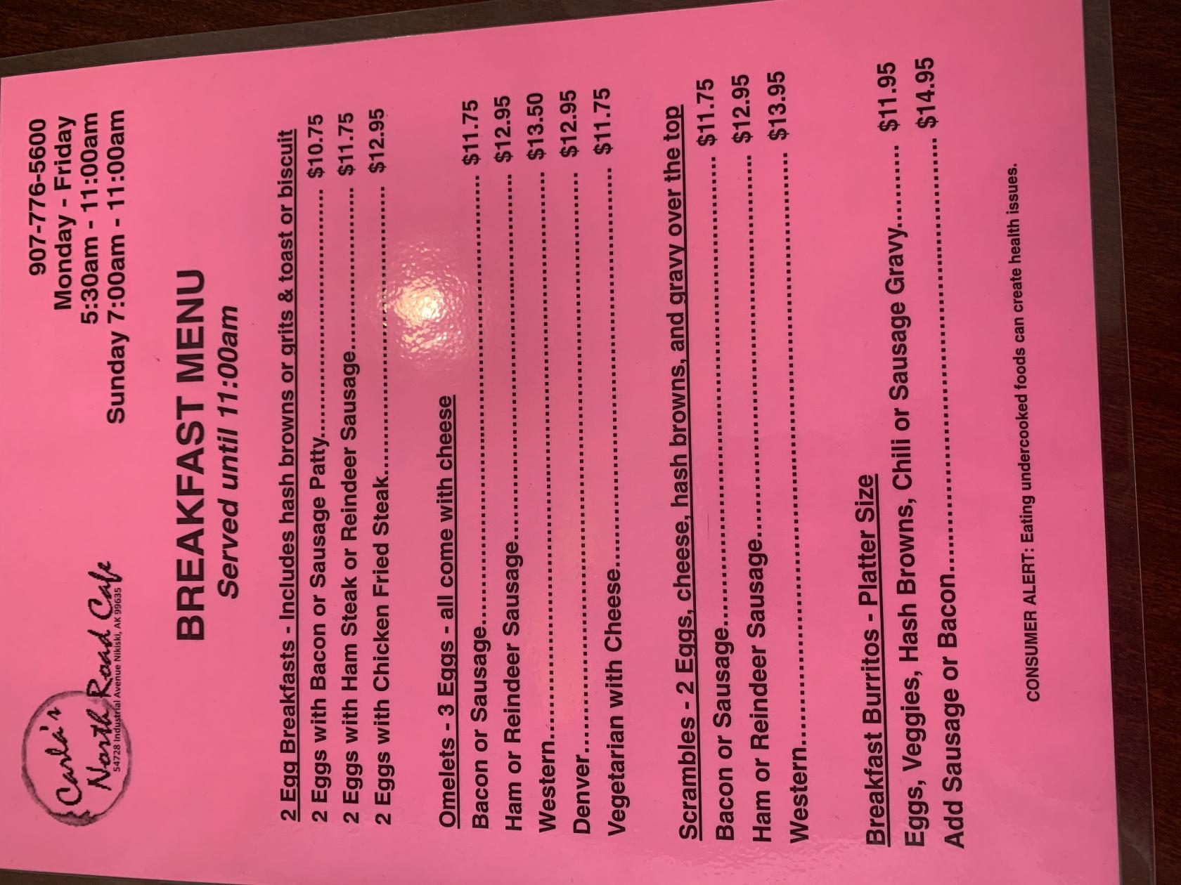 Menu at Carla's North Road Cafe, Nikiski