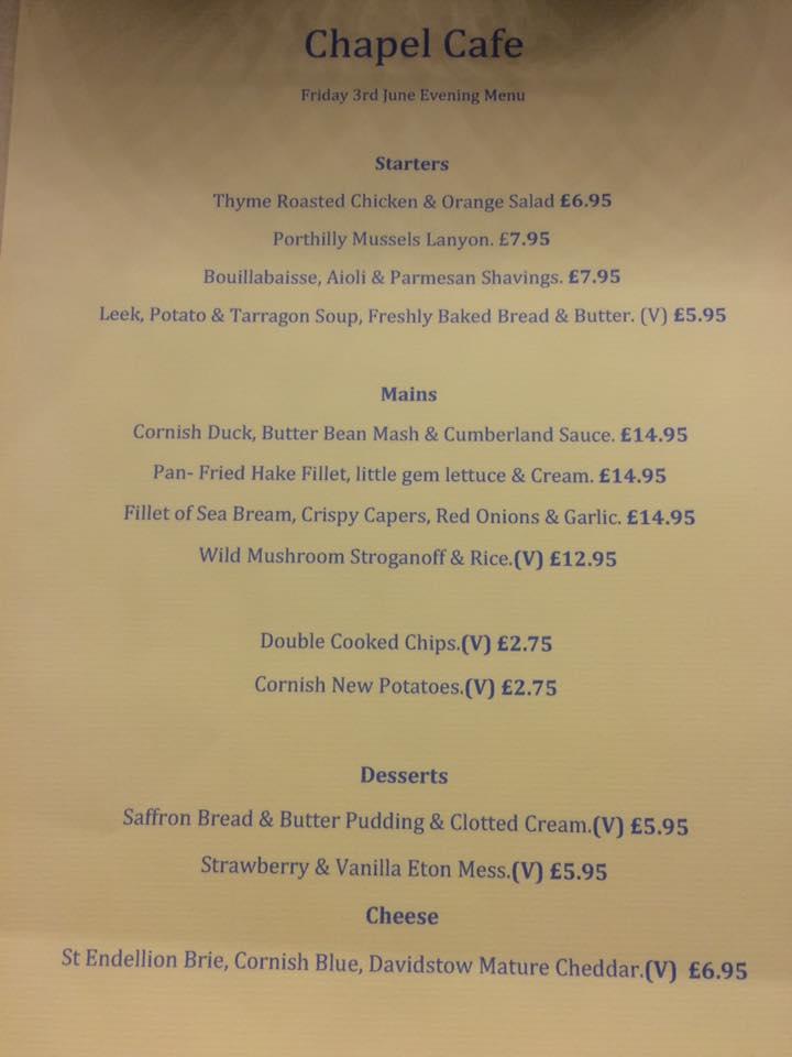 Menu at The Chapel Café cafe, Port Isaac