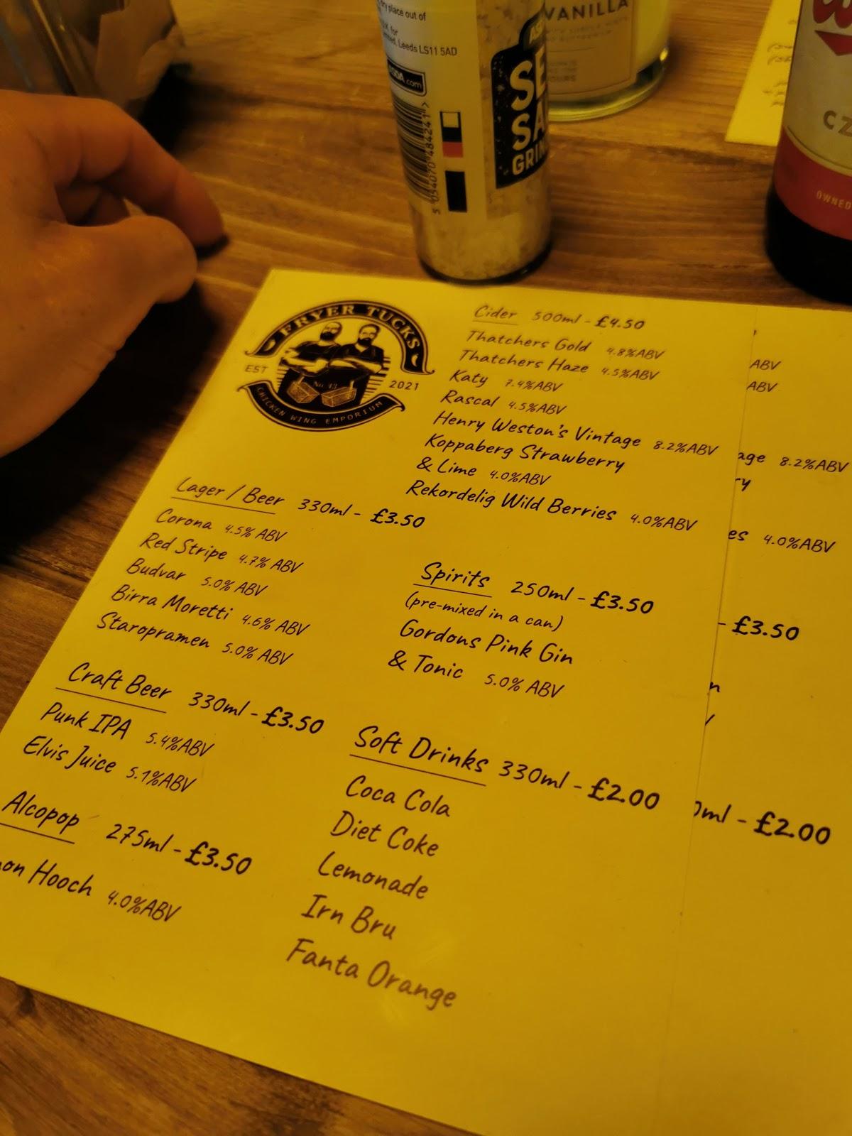 Menu at Fryer Tucks restaurant, Bridgwater