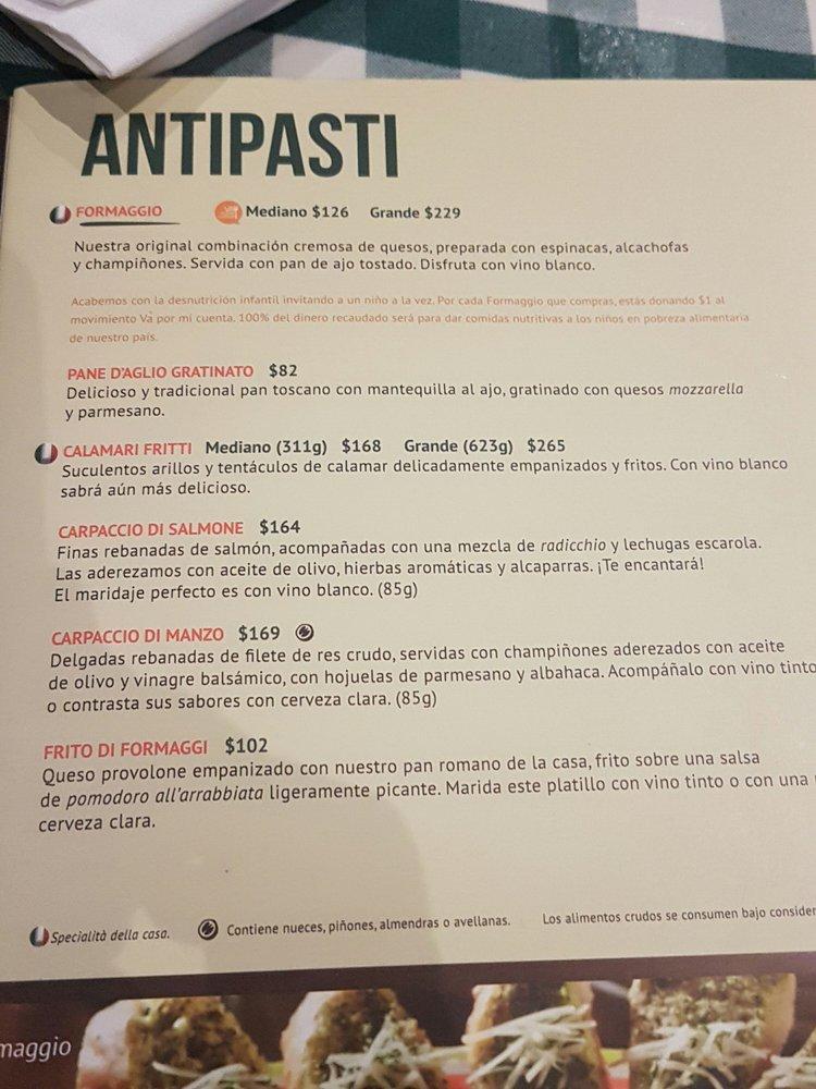Menu at Italianni's restaurant, Puebla City, Arroyo Xonaca 1006
