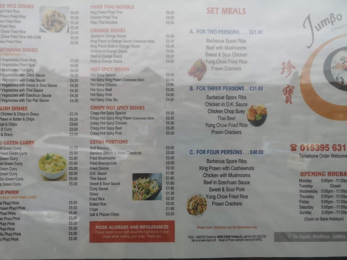 Menu at Jumbos fast food, Milnthorpe