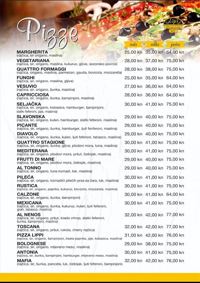 Menu at Lipi restaurant, Ivanec