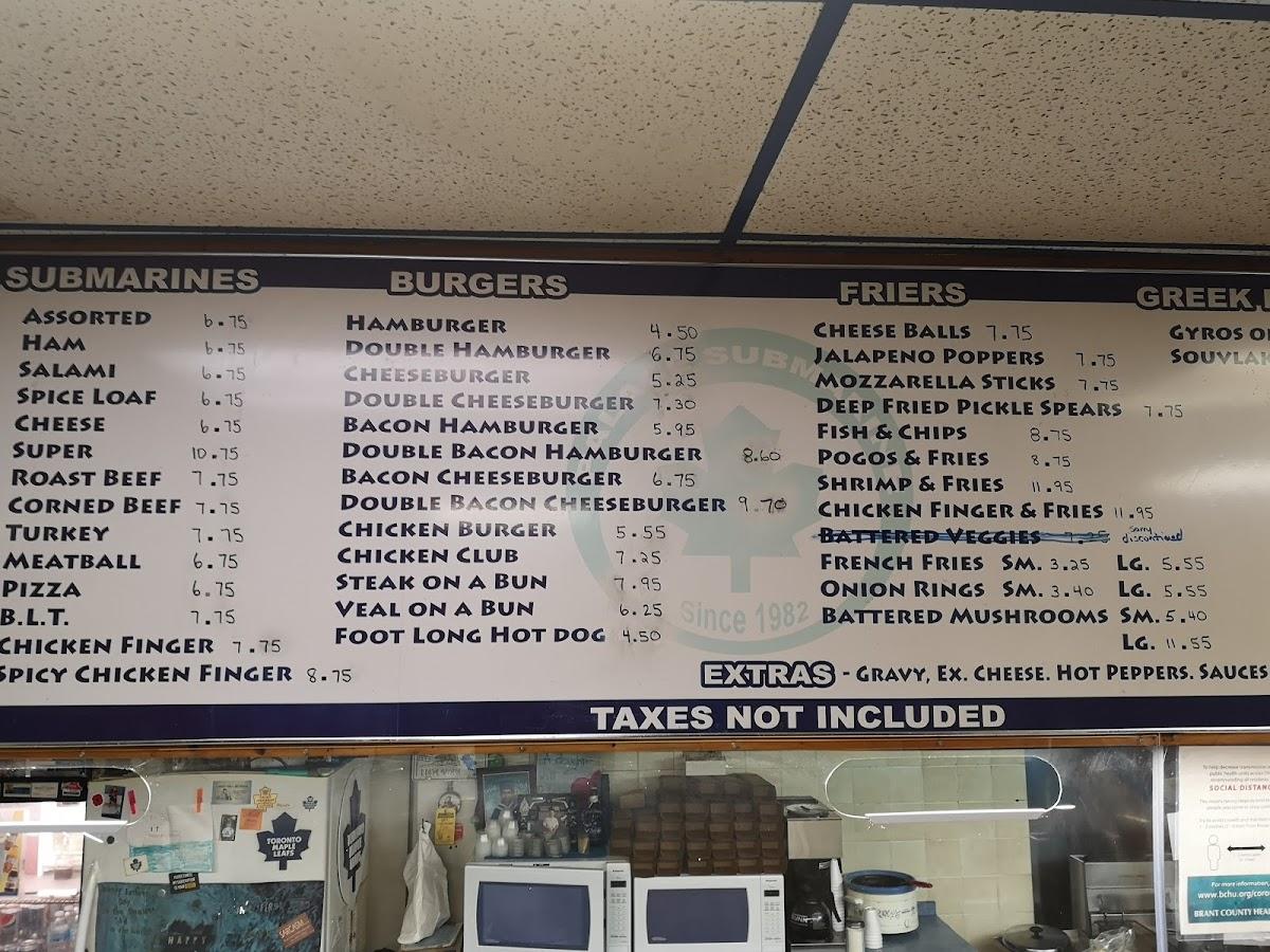 Menu at Palace Submarine restaurant, Brantford
