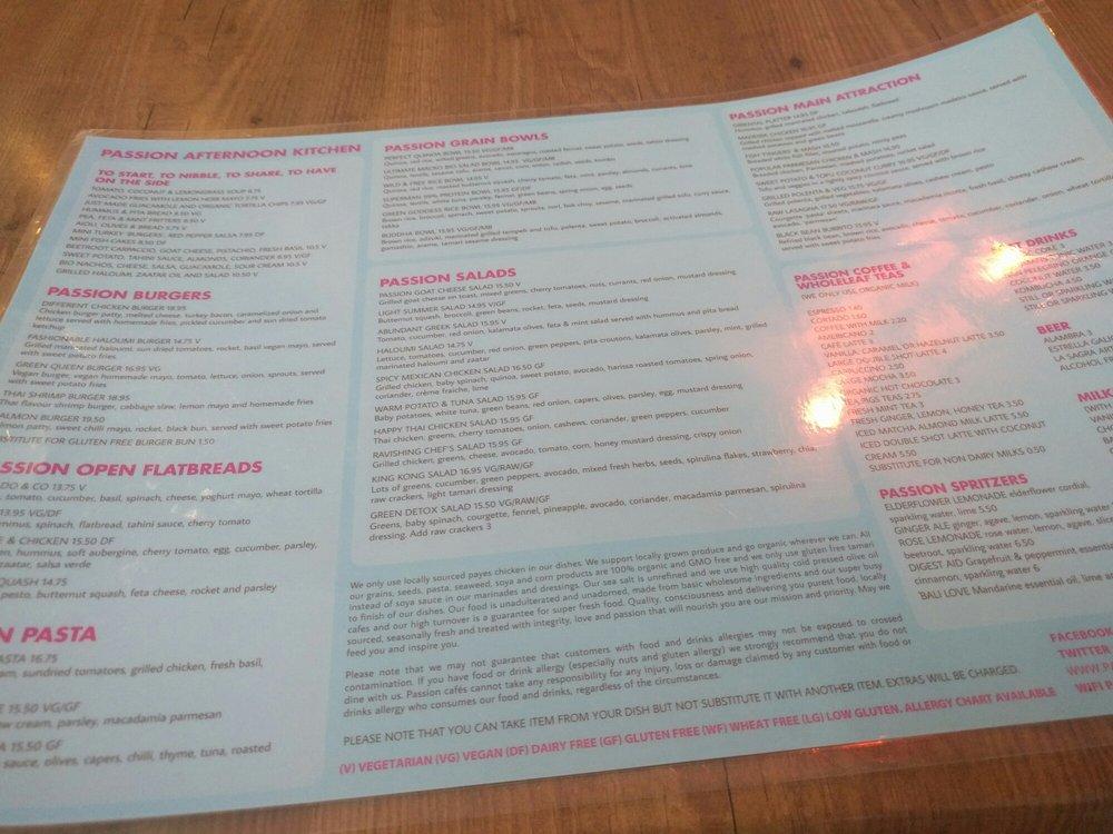 Carta de Passion Cafe, Santa Eulalia Del Rio