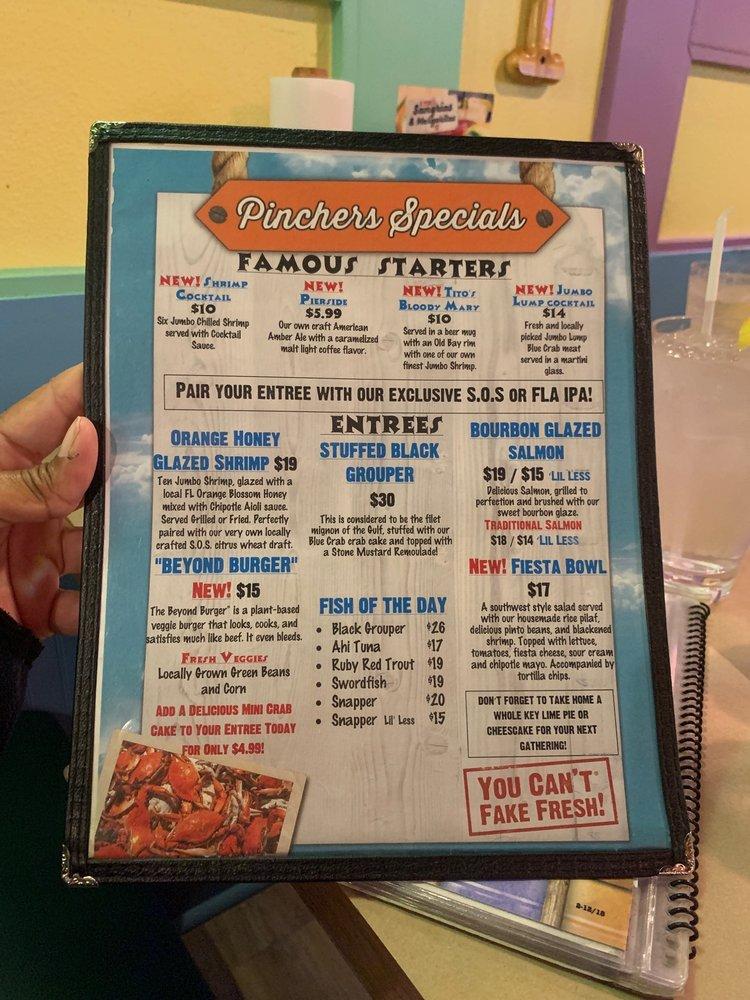 Menu at Pinchers restaurant, Venice, 900 Venetia Bay Blvd