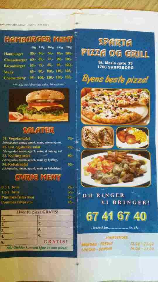 Menu at Pizza Sparta pizzeria, Sarpsborg