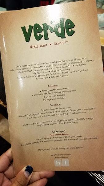 Menu at Verde Restaurant Lihue, Lihue, Nuhou St #501