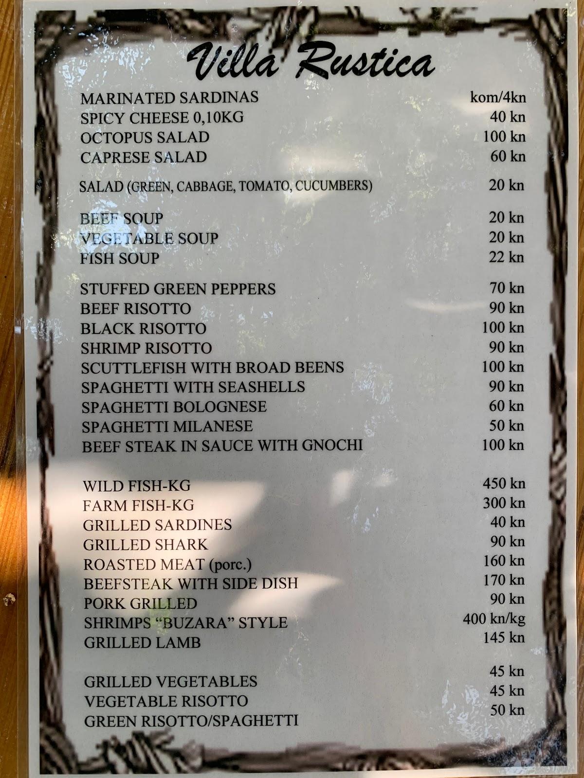 Menu at Villa Rustica Vis restaurant, Vis