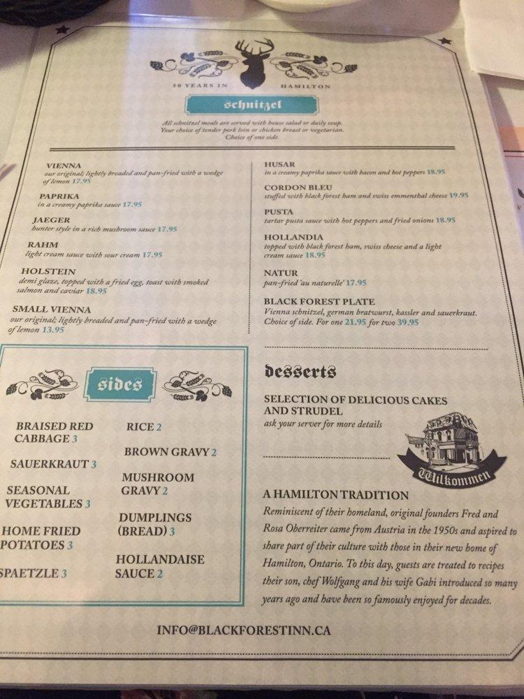 Menu at Black Forest Inn restaurant, Hamilton