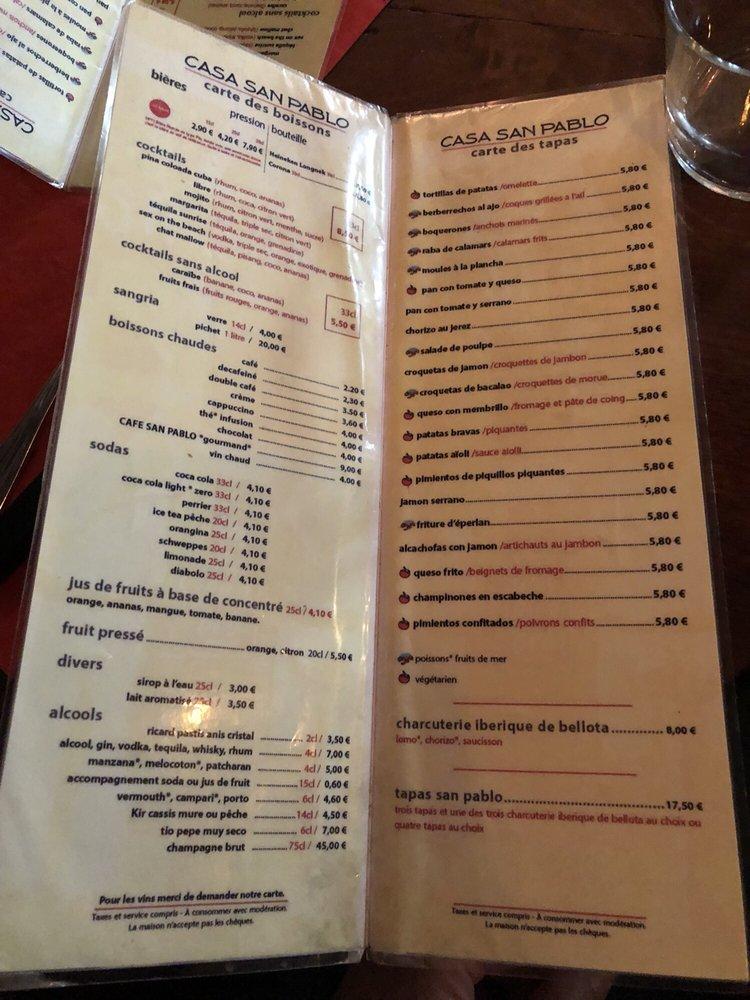 Menu at Casa San Pablo pub & bar, Paris