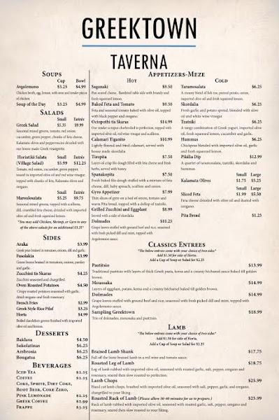 Menu at Greektown Taverna restaurant, Ormond Beach