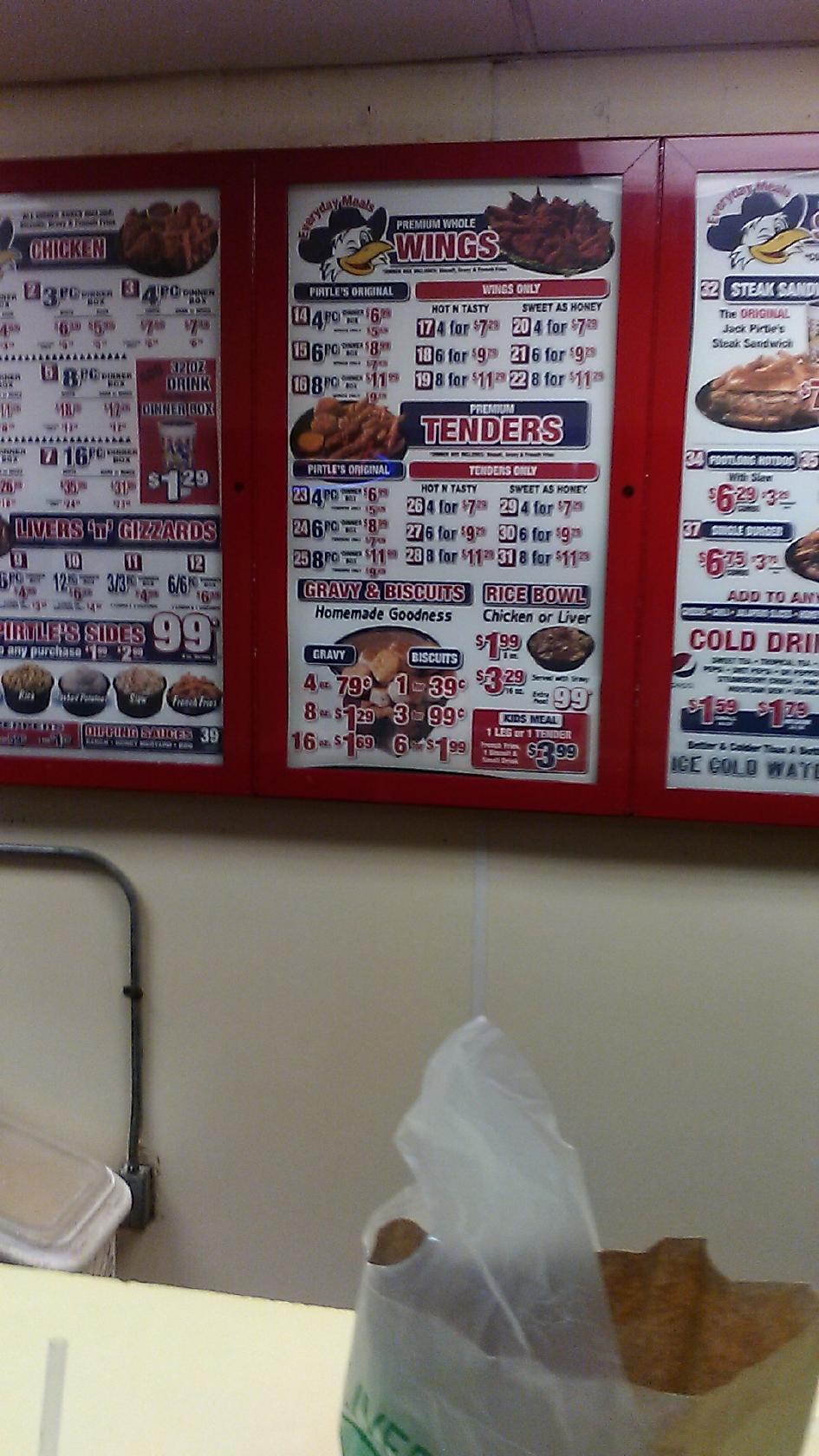 Menu at Jack Pirtle's Chicken restaurant, Memphis, 1370 Poplar Ave