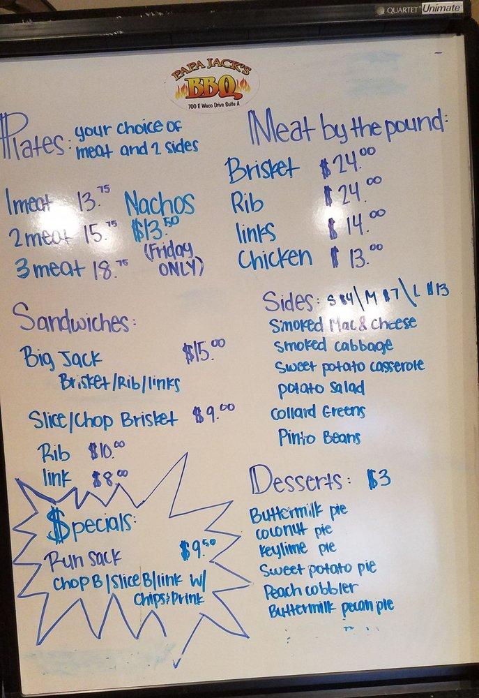 Menu at Papa Jack's BBQ, Waco
