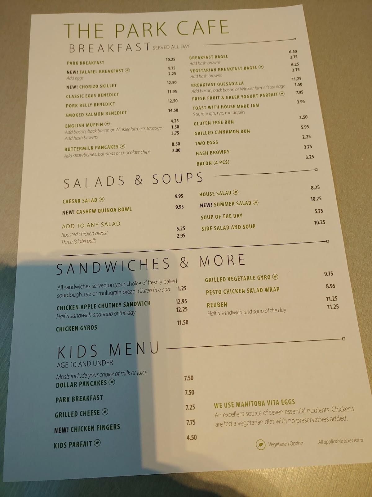 Menu at Park Cafe, Winnipeg