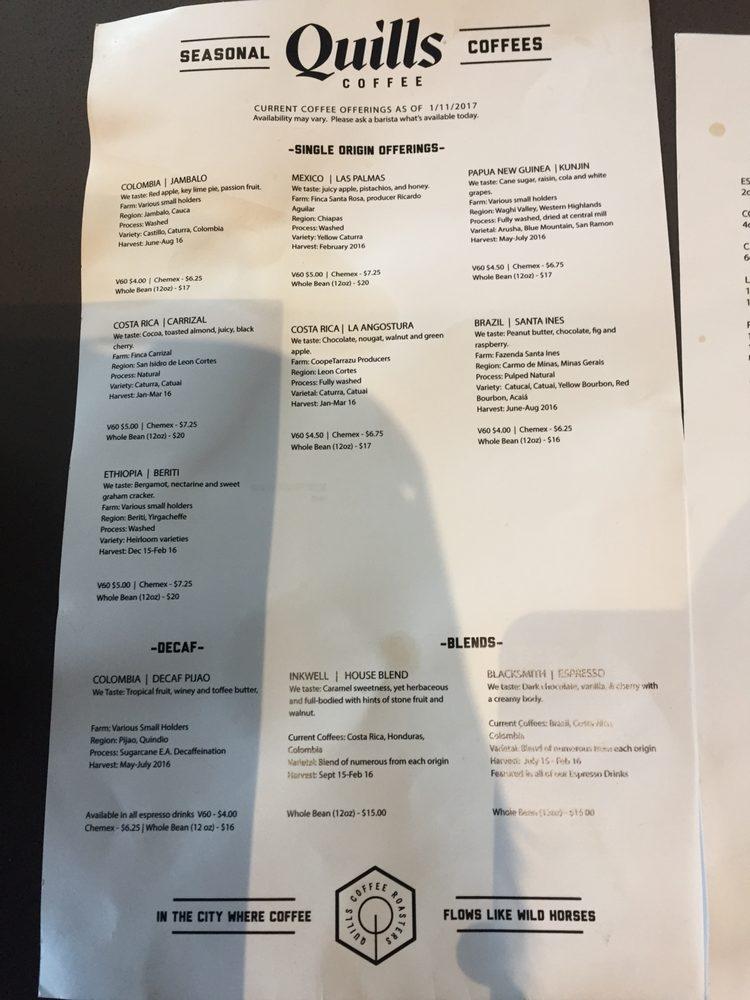 Menu at Quills Coffee cafe, Indianapolis