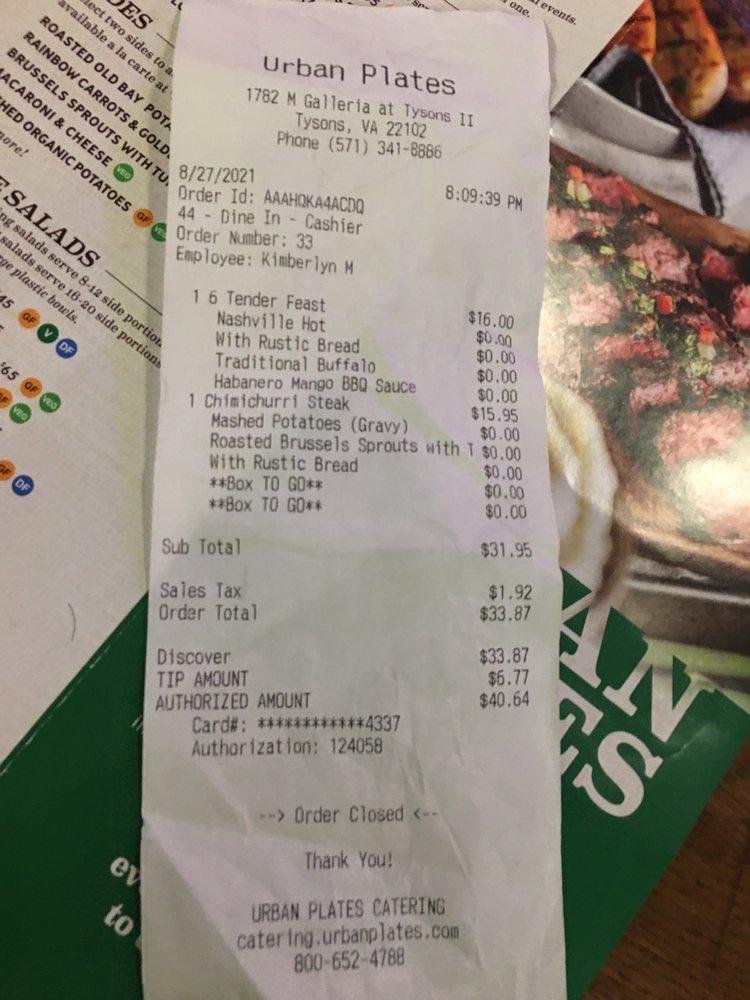 Menu at Urban Plates restaurant, Tysons