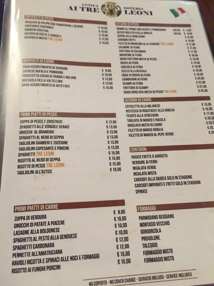 Menu da Antica Osteria Ai Tre Leoni pizzeria, Venezia