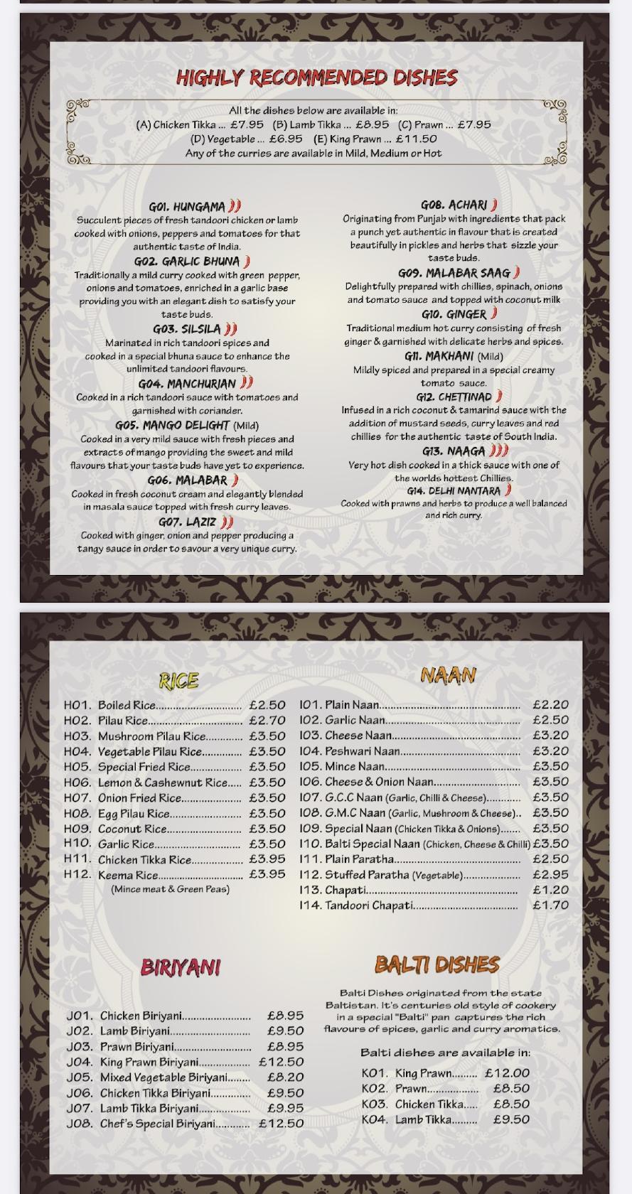 Menu at Balti Mahal fast food, Invergordon