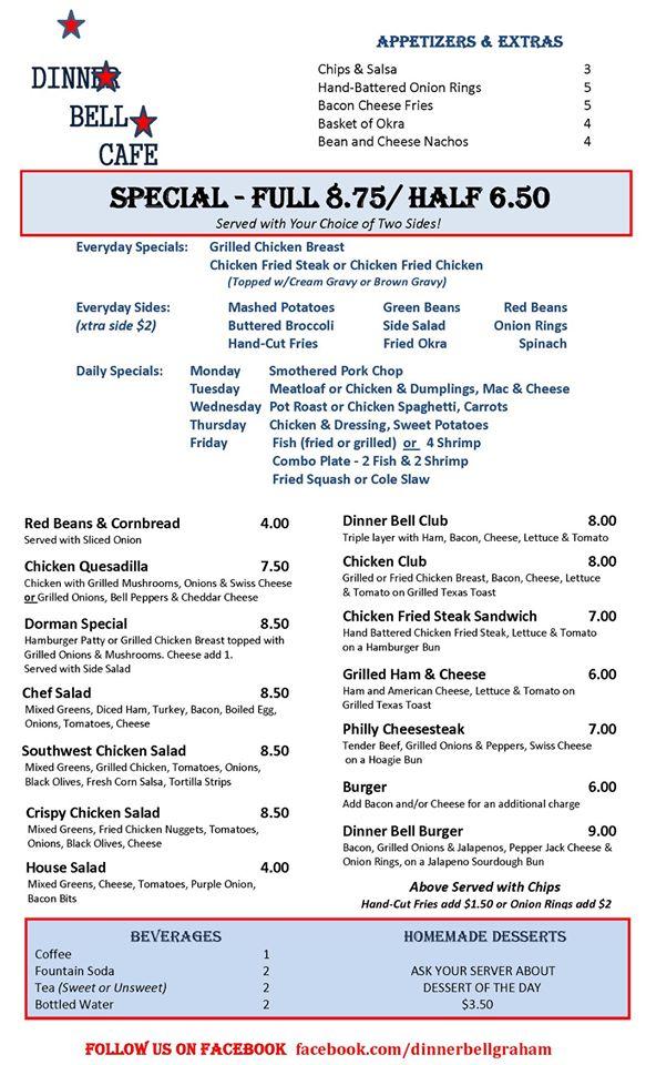 Menu at Dinner Bell Cafe, Graham, 4th St