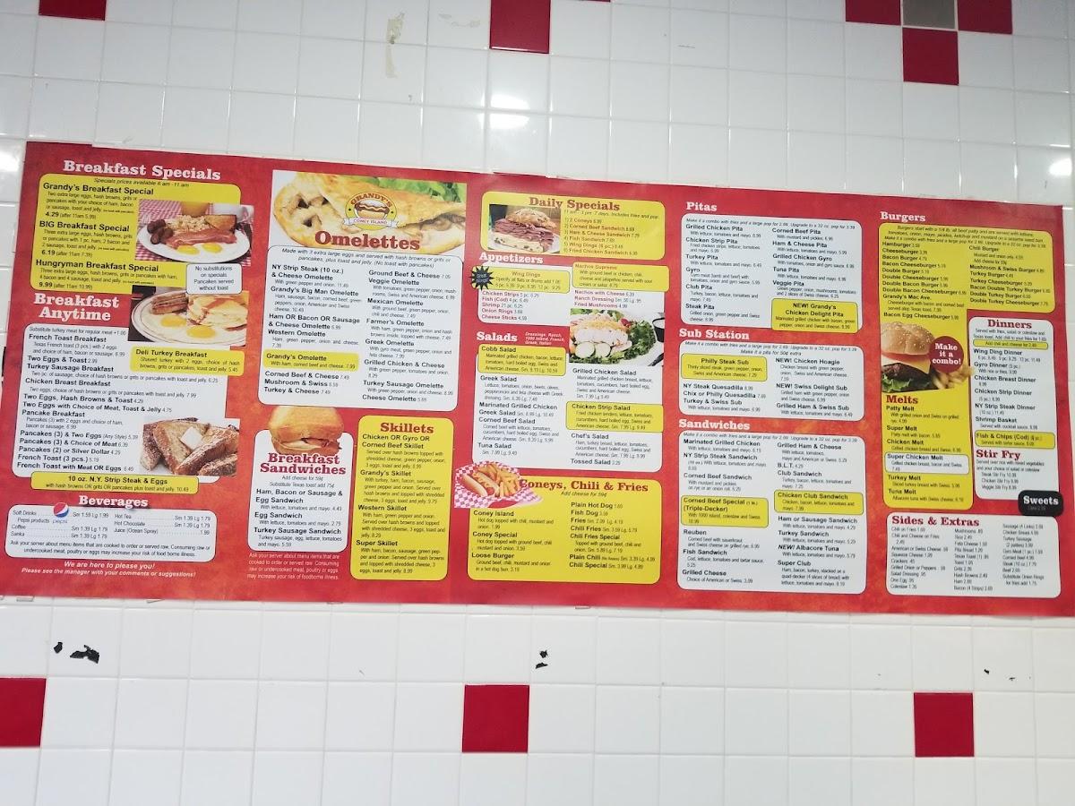 Menu at Grandy's Coney Island fast food, Detroit, Holbrook Ave