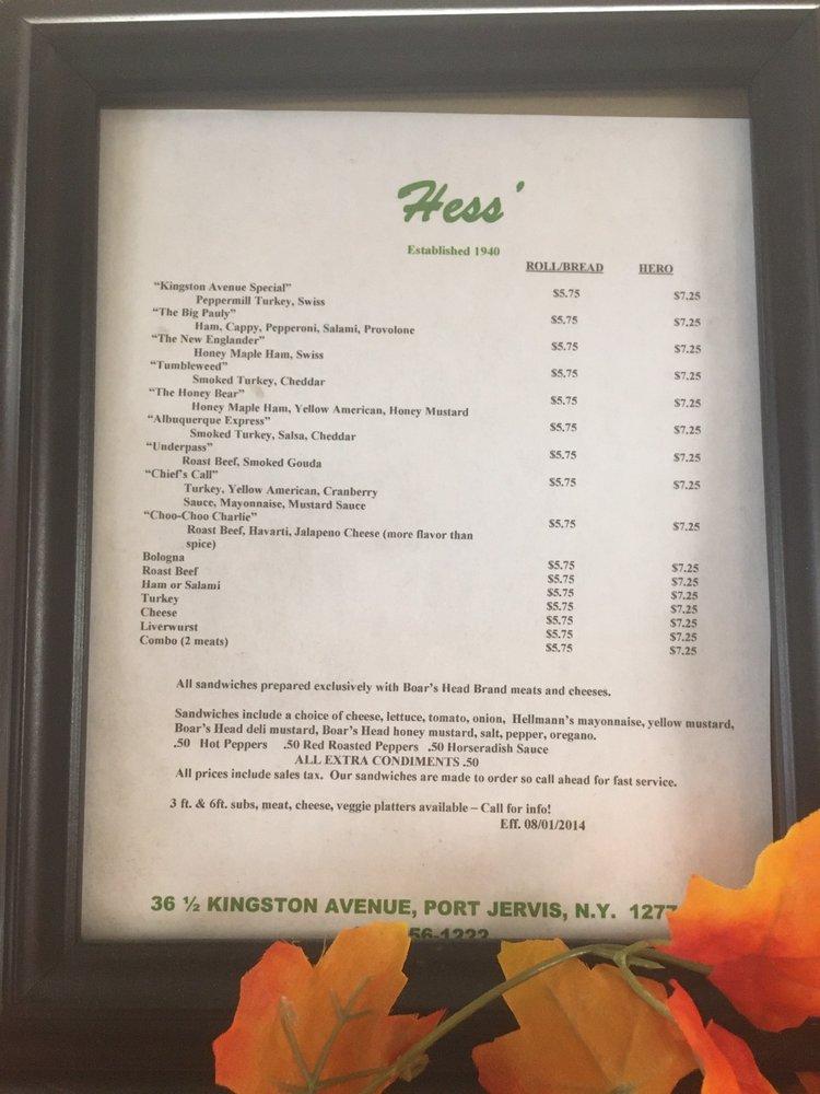 Menu at Hess' restaurant, Port Jervis