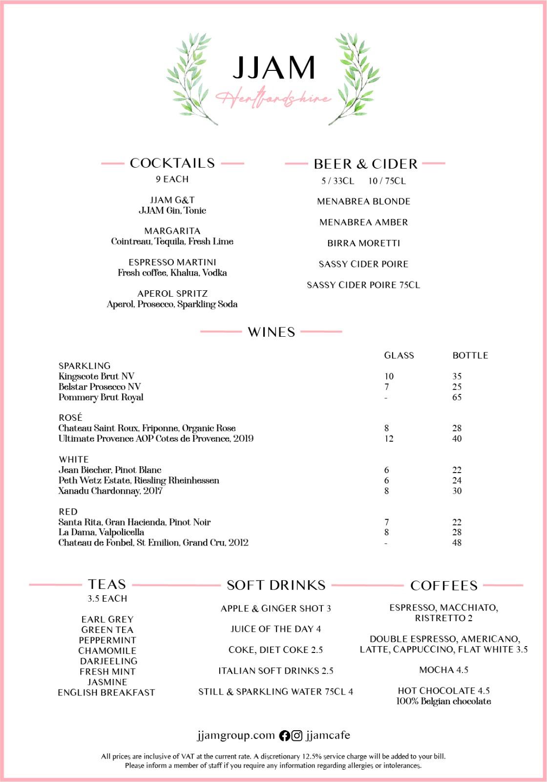 Menu at JJAM Café restaurant, St Albans