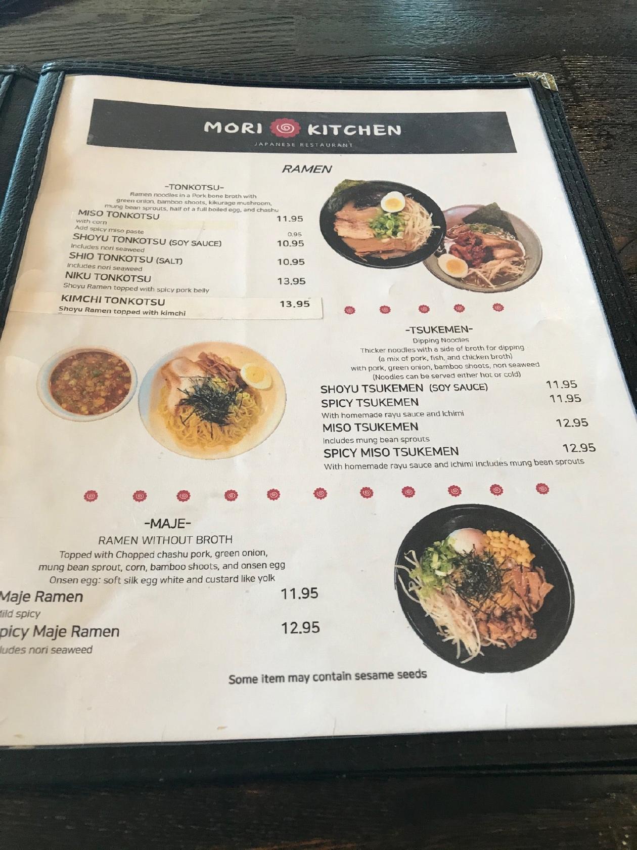 Menu at Mori Kitchen restaurant, San Jose