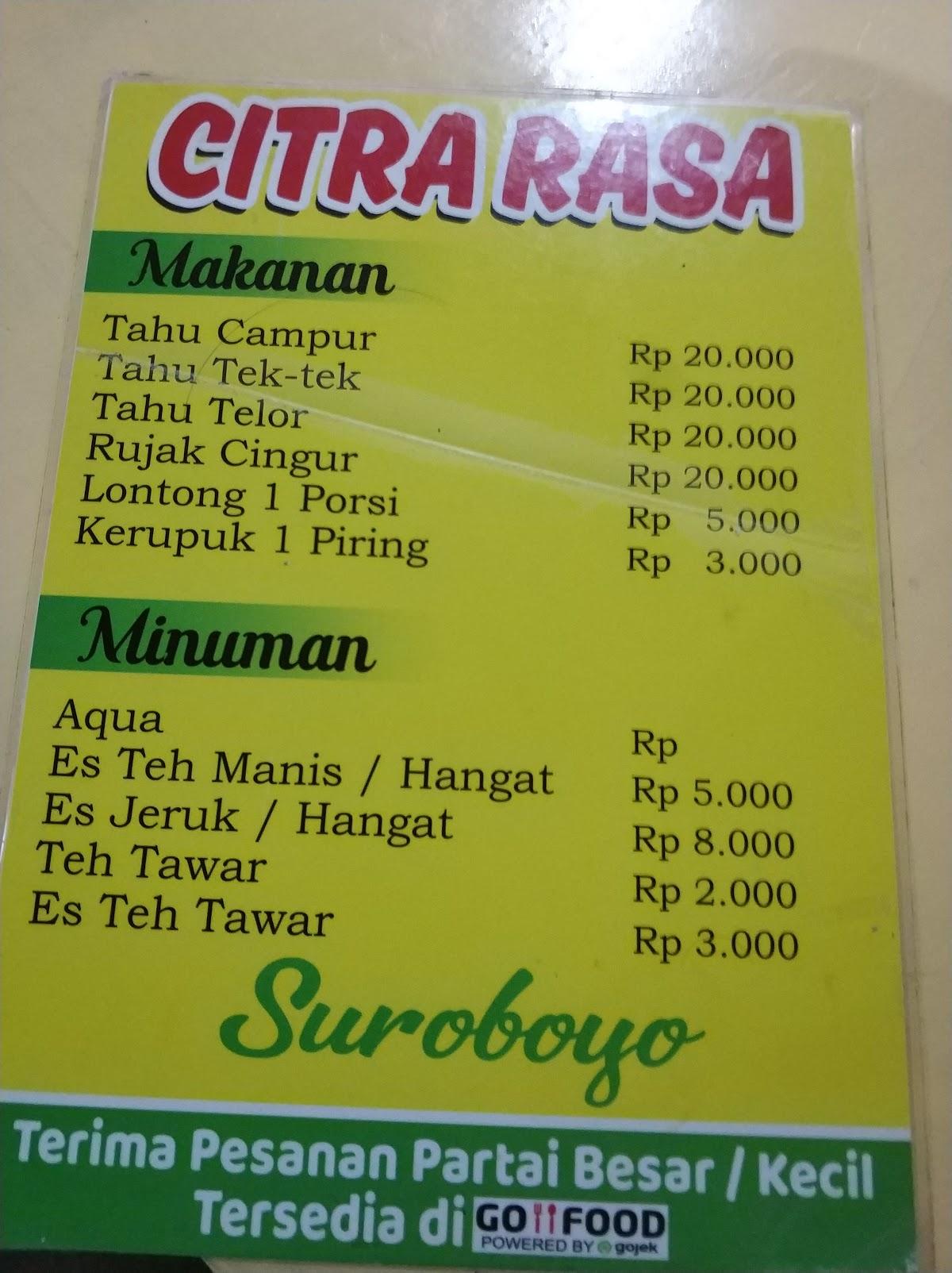 Menu at Tahu Campur Citra Rasa restaurant, Tangerang, Kompleks Parkir ...