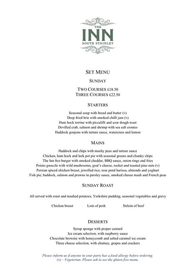 Carta del restaurante The Inn South Stainley, Harrogate, Ripon Rd