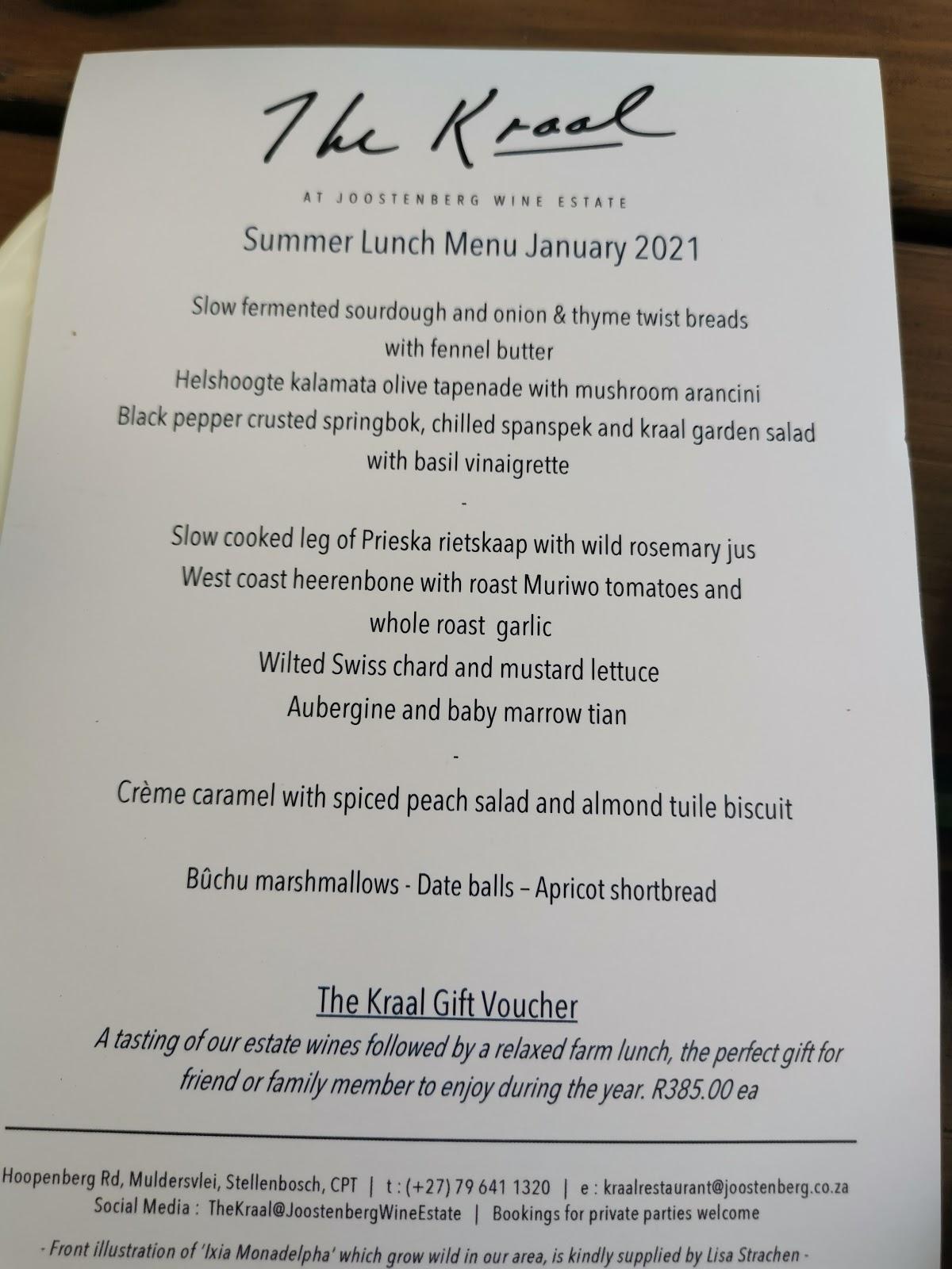 Speisekarte von The Kraal at Joostenberg Wine Estate restaurant, Kapstadt