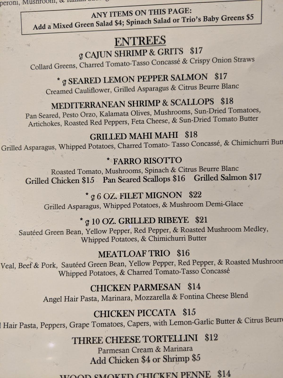 Menu at Trio pizzeria, Charlotte
