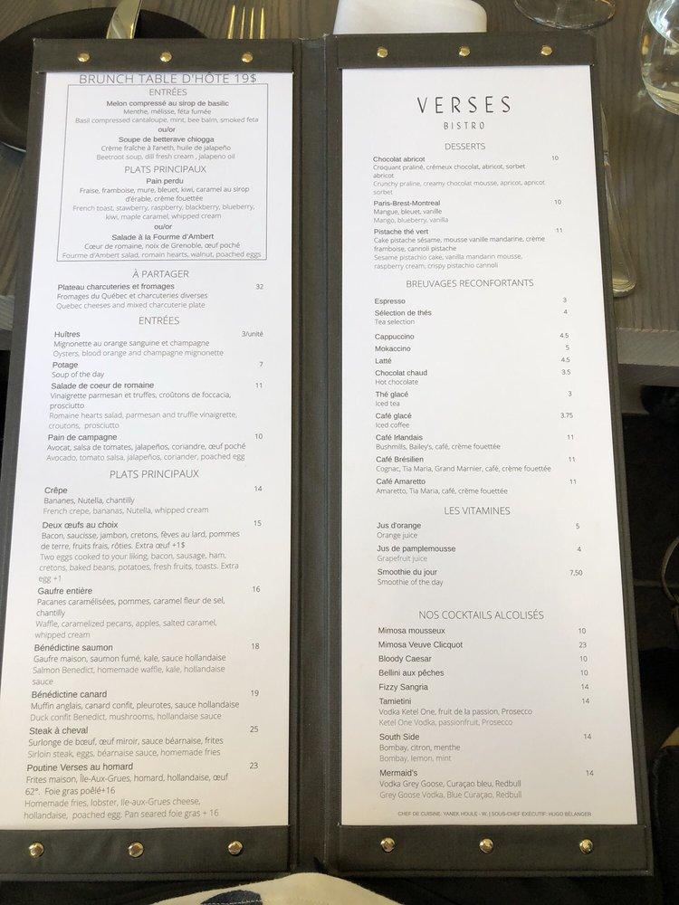 Menu at Verses Bistro restaurant, Montréal