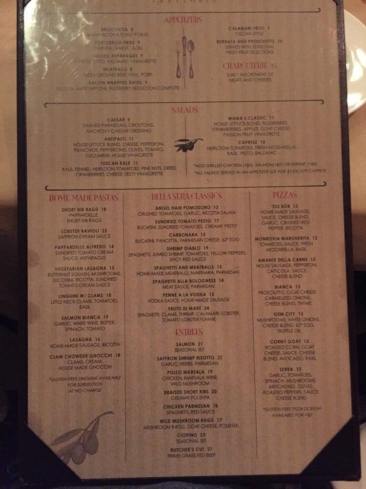 Menu at Bella Sera Trattoria pub & bar, Monrovia