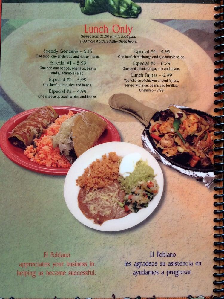 Menu at El Poblano Mexican Restaurant, Alma, 1049 S Pierce St