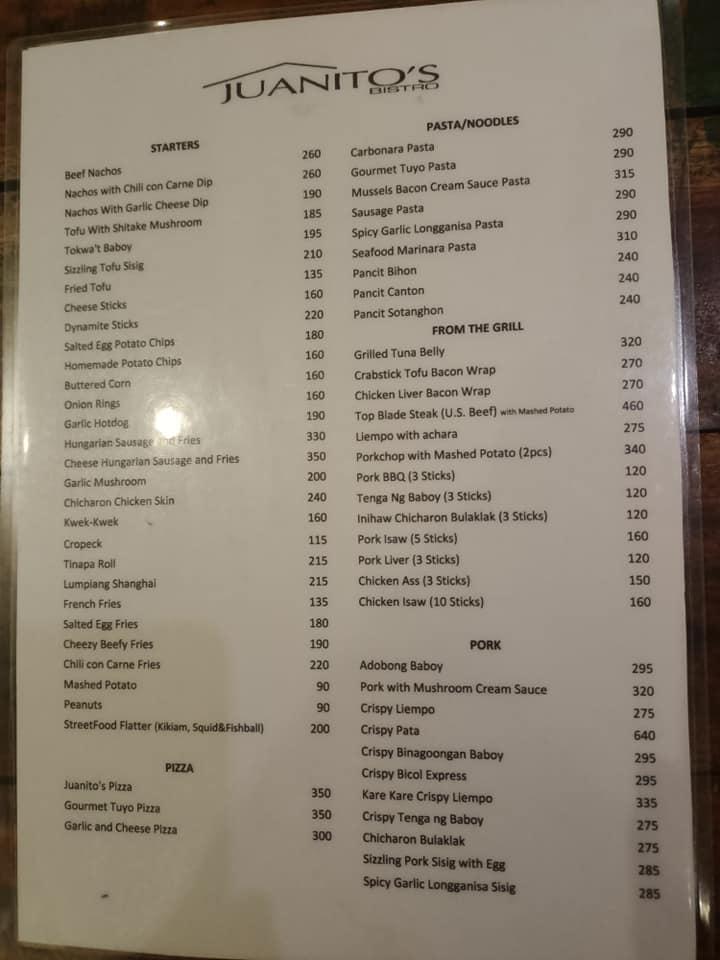 Menu at Juanito's Bistro restaurant, Pasig