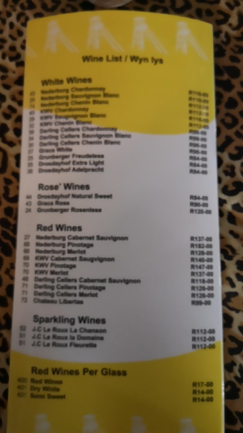 Menu at Kraalkop Hotel restaurant, Fochville