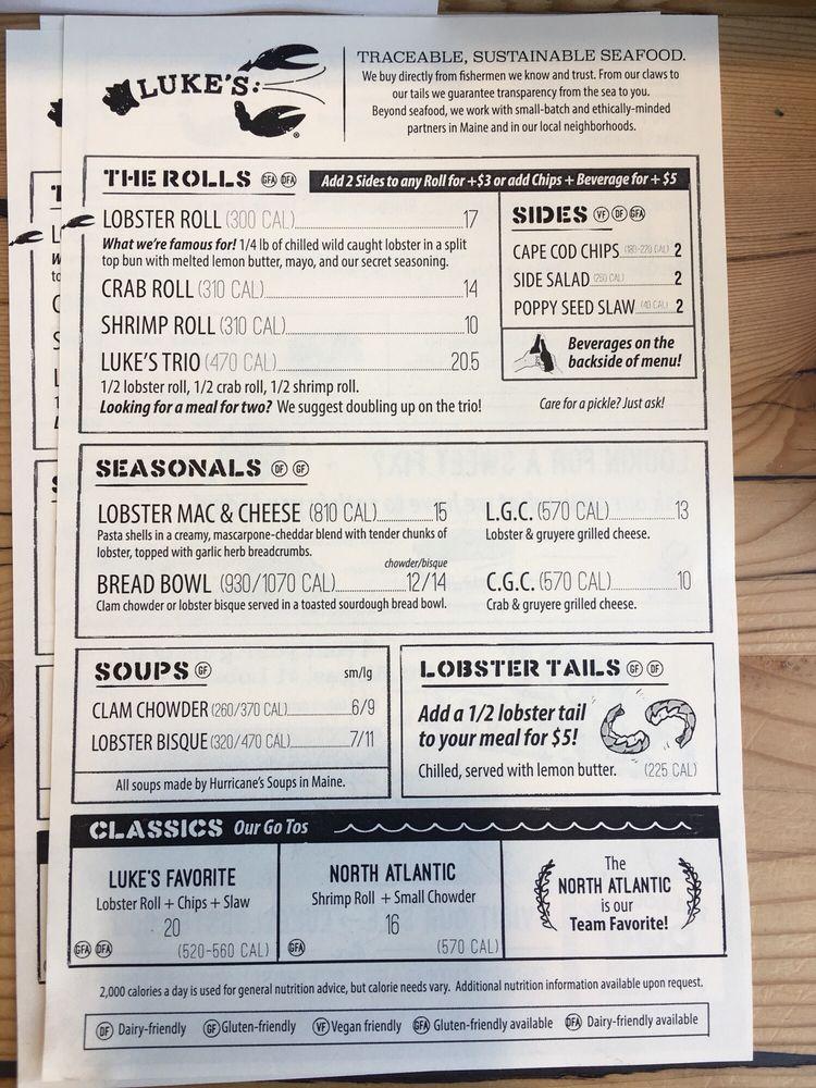 Menu at Luke's Lobster Las Vegas Fashion Show Mall restaurant, Las Vegas