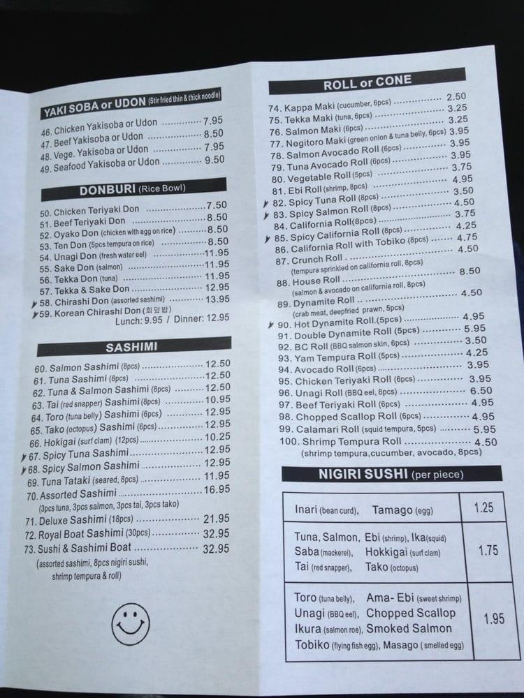 Menu au Nikko Sushi restaurant, Abbotsford