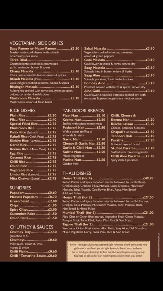 Menu at Zafran Indian Restaurant, Neath