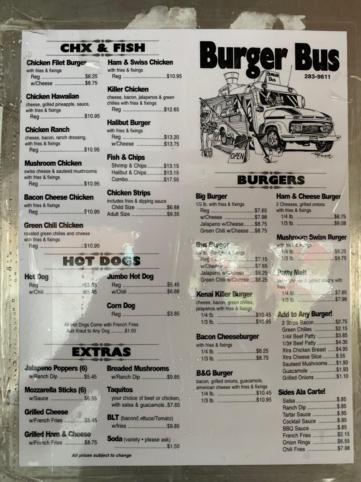 Menu at Burger Bus restaurant, Kenai